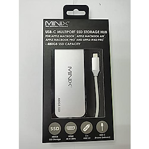 MINIX NEO Storage, 480GB Aluminum USB-C Multiport Solid State Drives Storage Hub with Display Output 4K @ 30Hz, 2 x USB 3.0 and USB-C for Power Delivery, Compatible for Apple MacBook. Silver