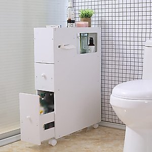 Giciashop Slim Bathroom Storage Cabinet,PVC Side Toilet Storage with Wheels,20.5 x 6.4 inches Small Cabinet for Bathroom Storage(White)