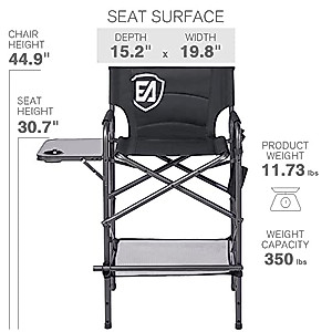 EVER ADVANCED 30.7" Seat Height Directors Chair Folding Bar Stool Tall Foldable Chair for Makeup Artist with Side Table Cup Holder Easy Get in Out for Elderly Camping Chair Supports 350LBS(Black)