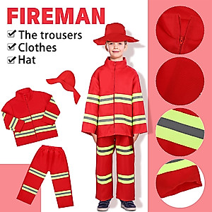 Vicenpal 4 Sets 12 Pcs Pretend Play Kids Costumes Set Christmas Gifts Role Play Costume Dress Costume for Kids Boys Girls (Fireman)