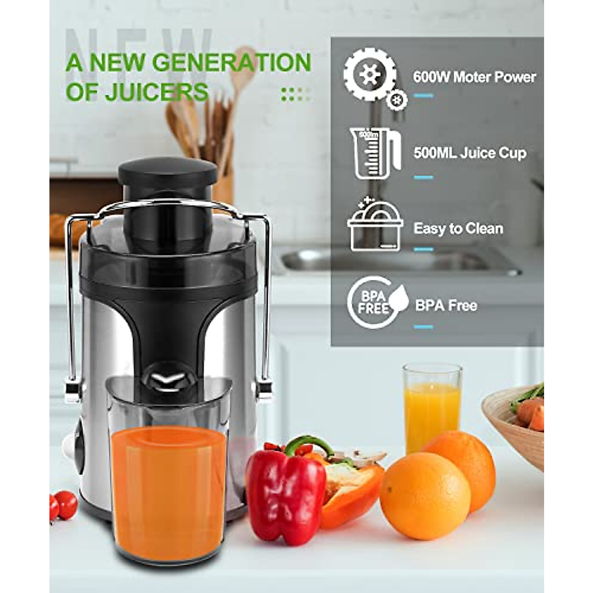 Juicer Machine 600W Juicer with 3 Inch Wide Mouth 2 Speed Setting, Centrifugal Juicer for Fruit, Vegetables Juice Extractor Easy to Clean