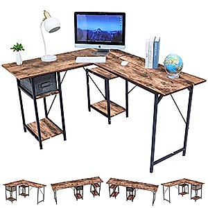 DLIUZ L Shaped Desk with Drawers，Computer Desk is Reversible Corner Large Gaming pc Table with USB Charging Port and Power Outlet,Long Writing Study Table with Shelve Suitable for 2 People Working