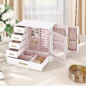 HOOBRO Jewelry Box with Glass Window, Large Capacity Jewelry Organizer, Jewelry Storage, Portable Jewelry Organizer Box, Modern Style, White and Light Gold WT05JB04