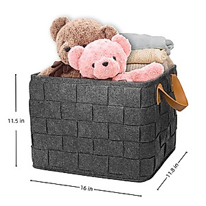 GIB Large Woven Felt Storage Baskets with Handles, 16"x11.8"x11.5" Fabric Wicker Storage Baskets Foldable Collapsible Storage Bins for Blankets Toys Clothes Shoes, Black/Dark Grey, 2 Pack