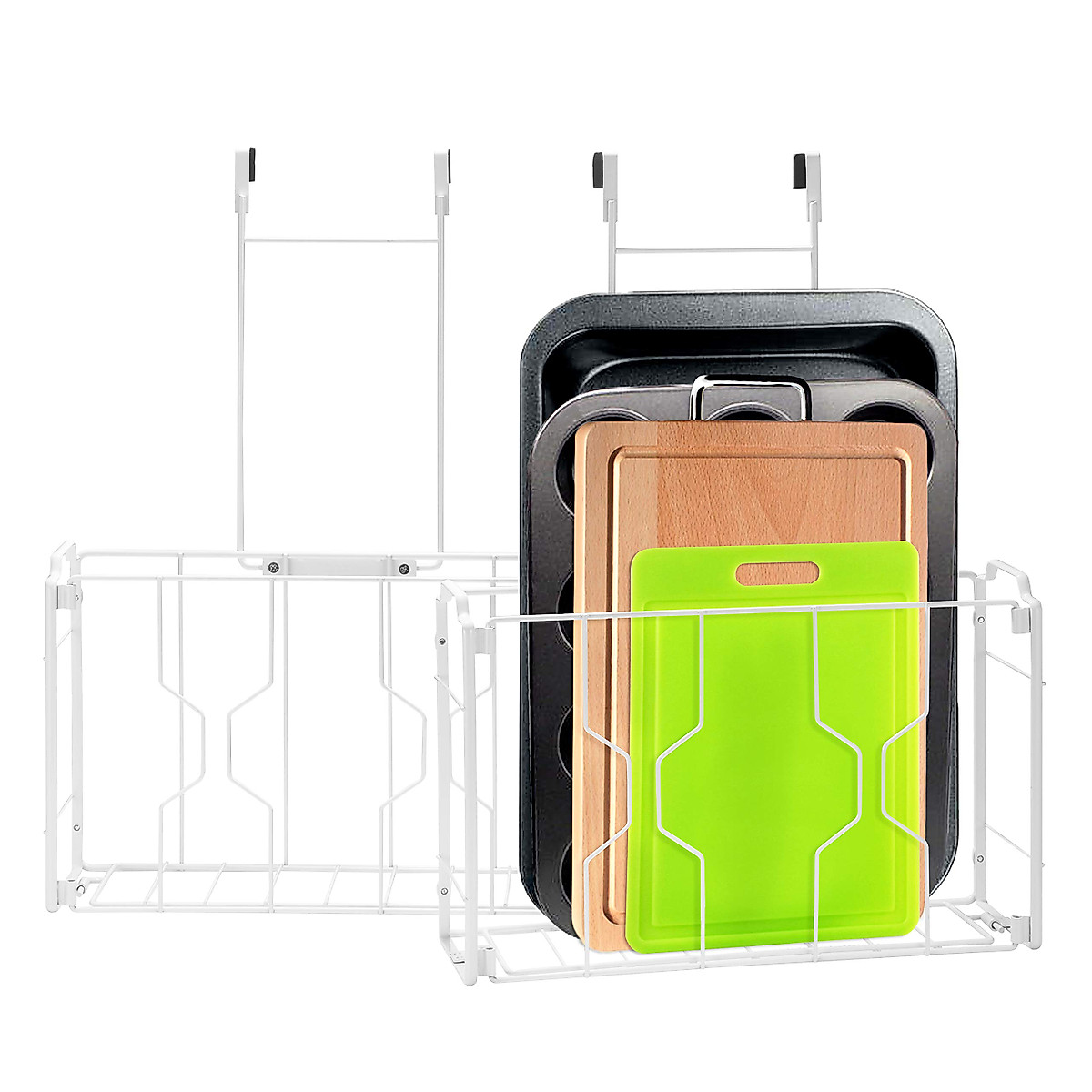 2 Pack- Simple Trending Over the Door/Wall Mount Cabinet Door Organizer Holder in Kitchen or Pantry for Cutting Board, Aluminum Foil, Cleaning Supplies, White