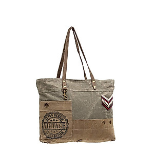Military Badge Upcycled Canvas and Genuine Leather Trim Tote Bag