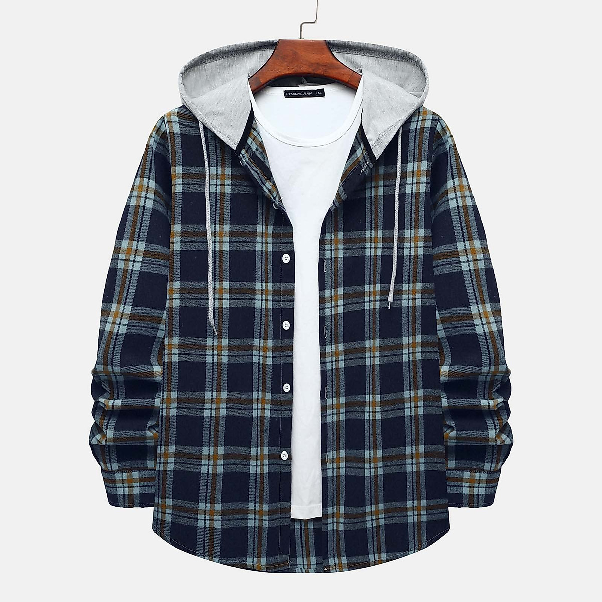 Aymnlox Hoodies for Men Fashion Long Sleeve Plaid Button Shirts Jacket With Hood Casual Stylish Drawstring Sweatshirts Coat men designer hoodies Blue M