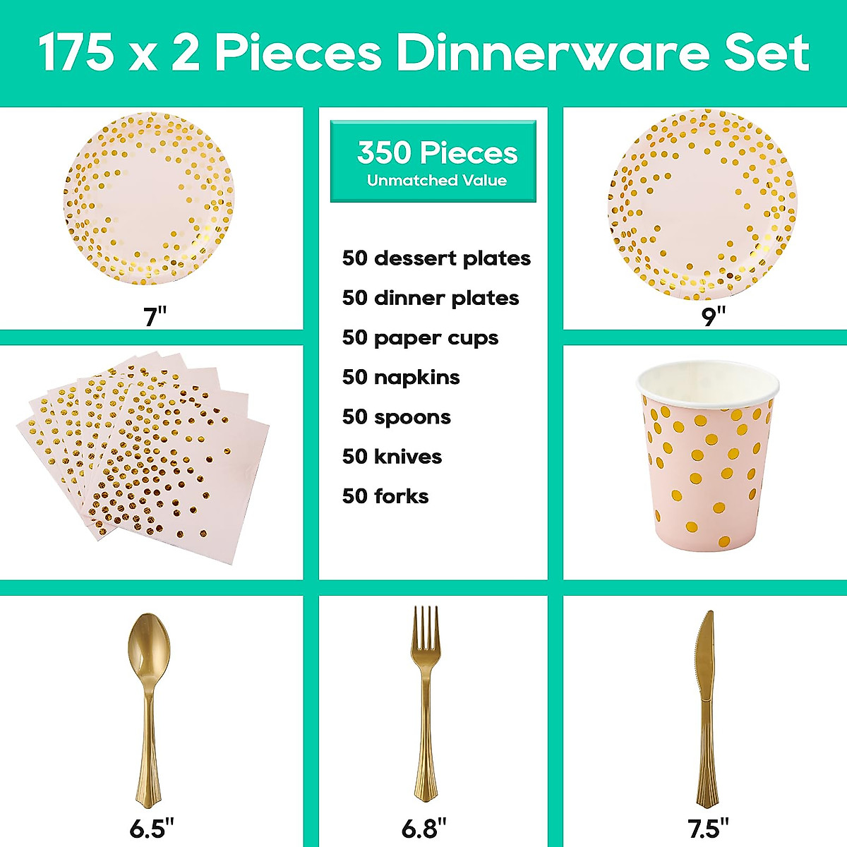 Pink and Gold Party Supplies - 350 PCS Disposable Dinnerware Set - Pink Paper Plates Napkins Cups, Gold Plastic Forks Knives Spoon for Graduation, Birthday, Cocktail Party