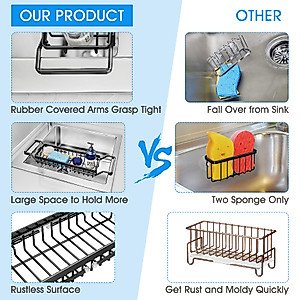 Sink Caddy Sponge Holder Telescopic Kitchen Sink Organizer, Expandable 16.7" to 21" Over The Kitchen Sink Accessories with Dishcloth Towel Holder for Rag Brush Soap Dishwashing Liquid