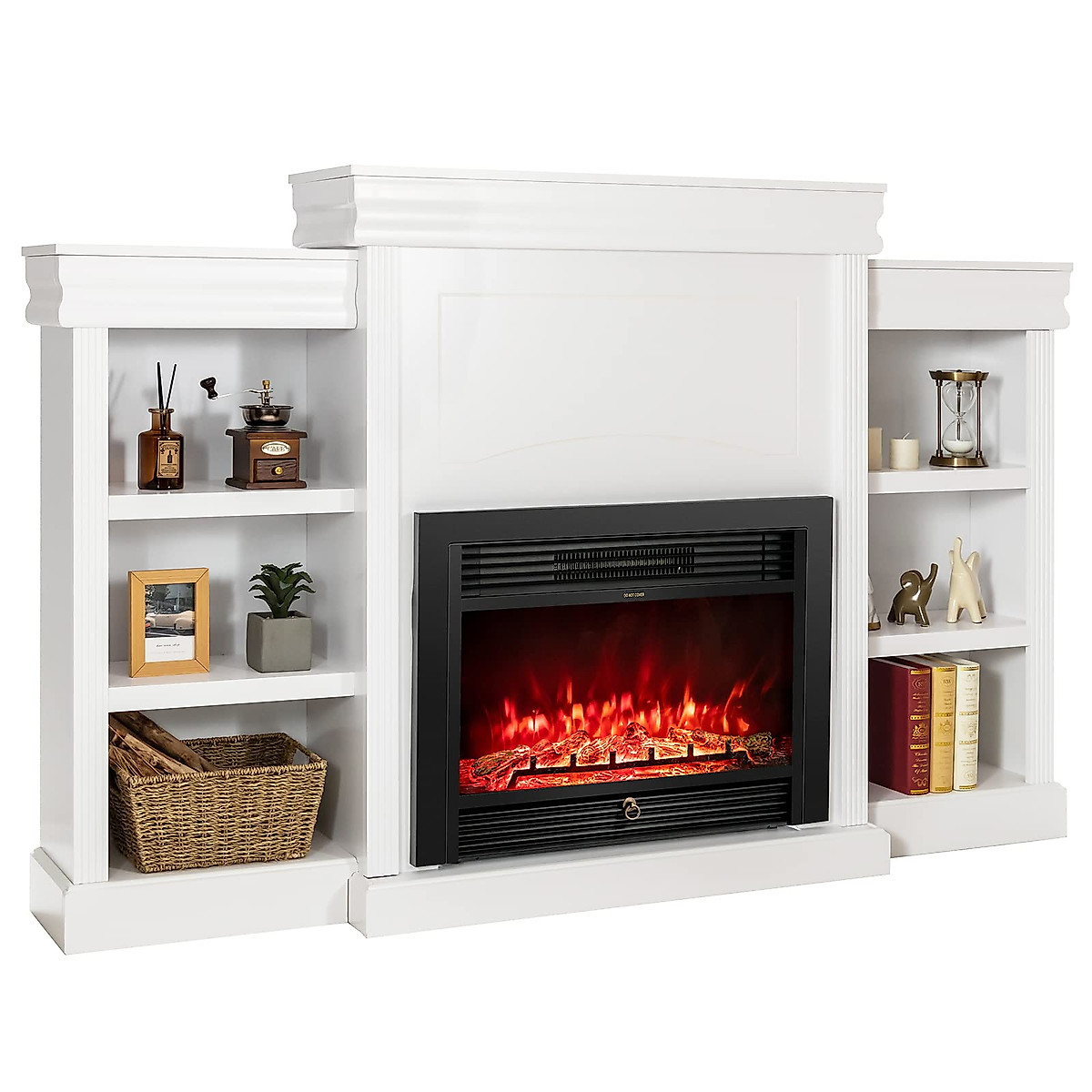 Tangkula 70 Inches Mantel Fireplace, 750W/1500W Electric Fireplace w/Mantel & Built-in Bookshelves, 28.5-Inch Electric Fireplace w/Remote, 1-8H Timer, Adjustable Flame Brightness & Color (White)