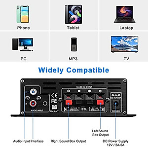 AK-380 USB SD BT.C FM AUX Audio Power Amplifier 400W+400W 2.0 CH HiFi Stereo AMP Speaker Bluetooth 5.0 Amp Receiver with 12V 5A Power Supply,Remote Control,FM Antenna for Car Home Bar Party