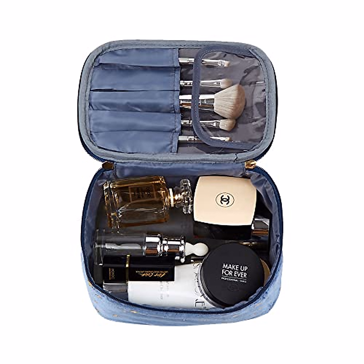 HOYOFO Velvet Makeup Bag with Handle Cosmetic Bags with Makeup Brush Holder Travel Make up Bag for Women, A Blue