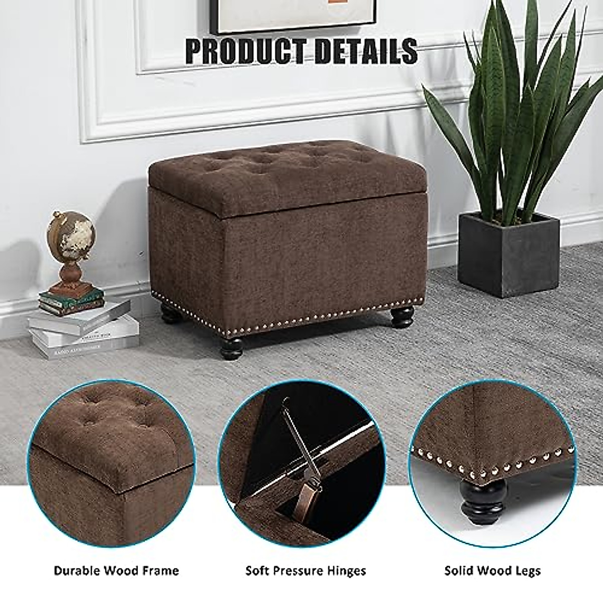 J.C.UP Upholstered Tufted Storage Ottoman, Storage Ottoman Footstool with Safety Hinge Button-Tufted Seat, Storage Bench for Bedroom Living Room Storage Toy Box(Brown-Fabric)