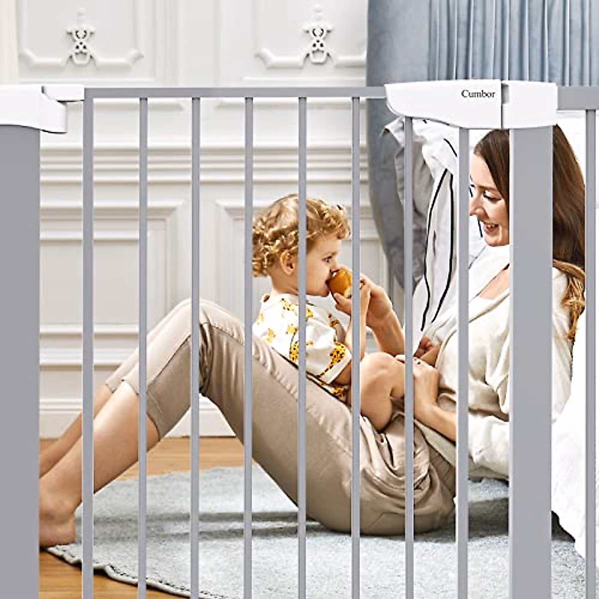 Mom's Choice Awards Winner-Cumbor 29.7-46" Auto Close Baby Gate for Stairs, Easy Install Pressure/Hardware Mounted Dog Gates for The House Indoor, Easy Walk Thru Wide Safety Pet Gates for Dogs, Gray