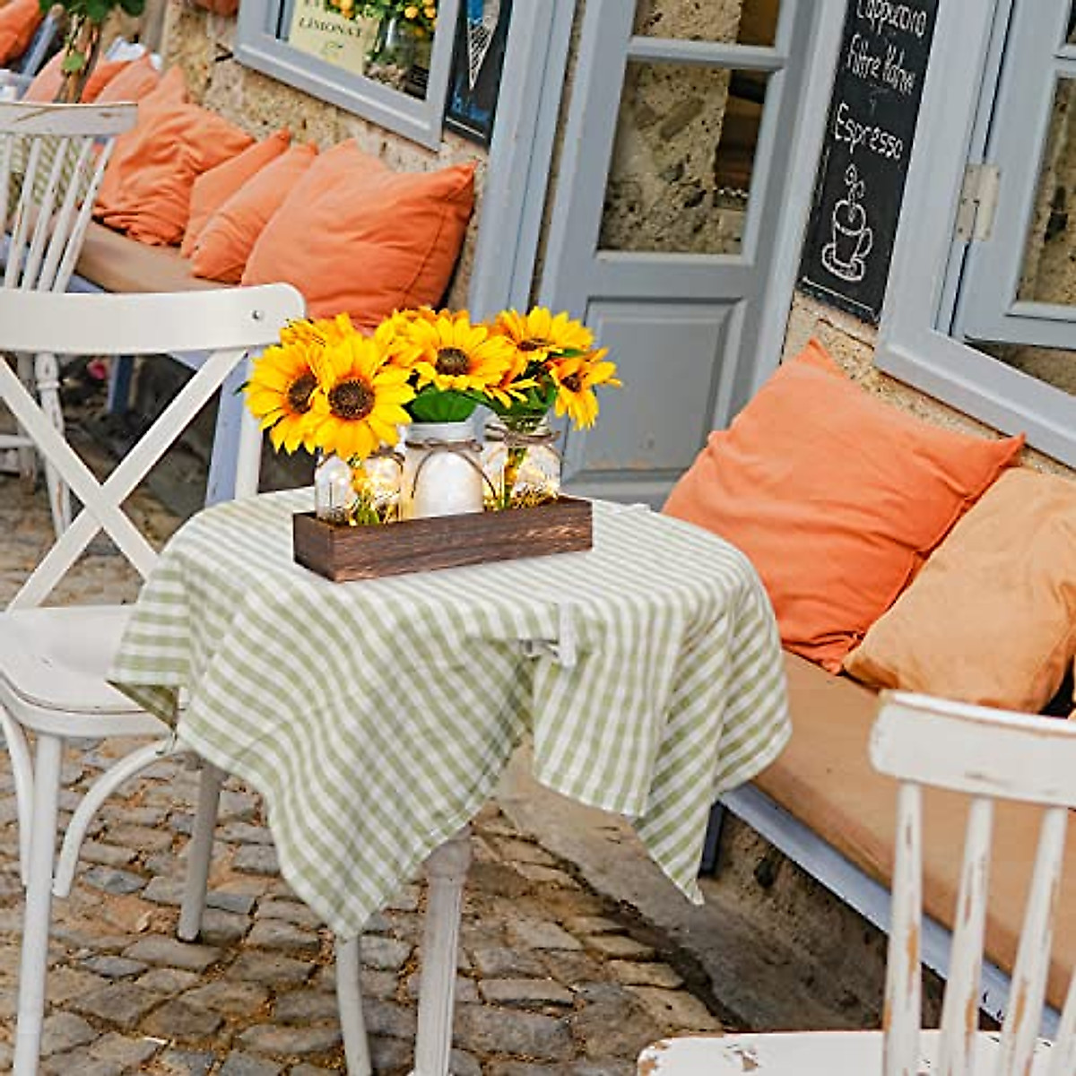 Waenerec Sunflower Mason Jar Dining Table Centerpiece with Lights Wood Tray Country Farmhouse Rustic Home Decor for Coffee Table Living Room Kitchen Garden Decorative Jars