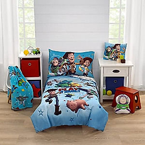 Disney Toy Story It's Play Time Blue, Green, and White, Woody and Buzz 2 Piece Toddler Sheet Set - Fitted Bottom Sheet and Reversible Pillowcase