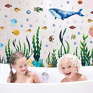 Under the Sea Wall Decals 2 Sheets Ocean Wall Decals Stickers Large Coral Reef and Seaweed, Bubbles Vinyl Wall Sticker Underwater Sea Wall Stickers for Toddler Baby Nursery Living Room Office Bathroom