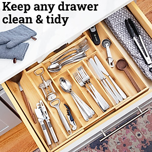 Dynamic Gear Premium Bamboo Drawer Organizer, Silverware Organizer, 100% Pure Bamboo, Adjustable Utensil Organizer, Kitchen Drawer Organizer, Silverware Tray for Drawer (6-8 slots)