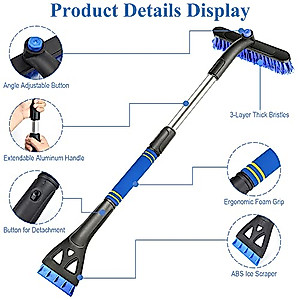 Finphoon Ice Scrapers for Car Windshield with Snow Brush, Extendable Car Ice Scraper with Ergonomic Foam Grip Handle, Retractable Snow Shovel for Car Windshield Window(Blue)