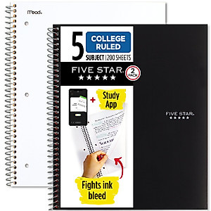 Five Star Spiral Notebooks Plus Study App, 2 Pack, 5 Subject, College Ruled Paper, 11" x 8-1/2", 200 Sheets, Black & White (73035)