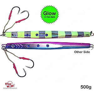 3pcs Glow Fish WOW!® 17.5oz Speed Knife jig 500g Fast Sinking Lure Fishing Vertical Trolling Jigging Fast Fall Metal Flat Bait with Two Assist Hook 3-Color