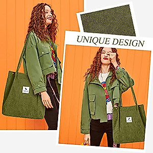 Women Corduroy Tote Bag, Shoulder Purses for Office School Shopping Travel (Army Green)