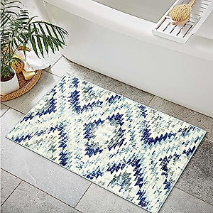 Lahome Washable Boho Bathroom Rug, Blue 2x3 Kitchen Rug with Rubber Backing Soft Entry Rugs, Southwestern Geometric Non Slip Bath Mat Floor Carpet for Laundry Bedroom