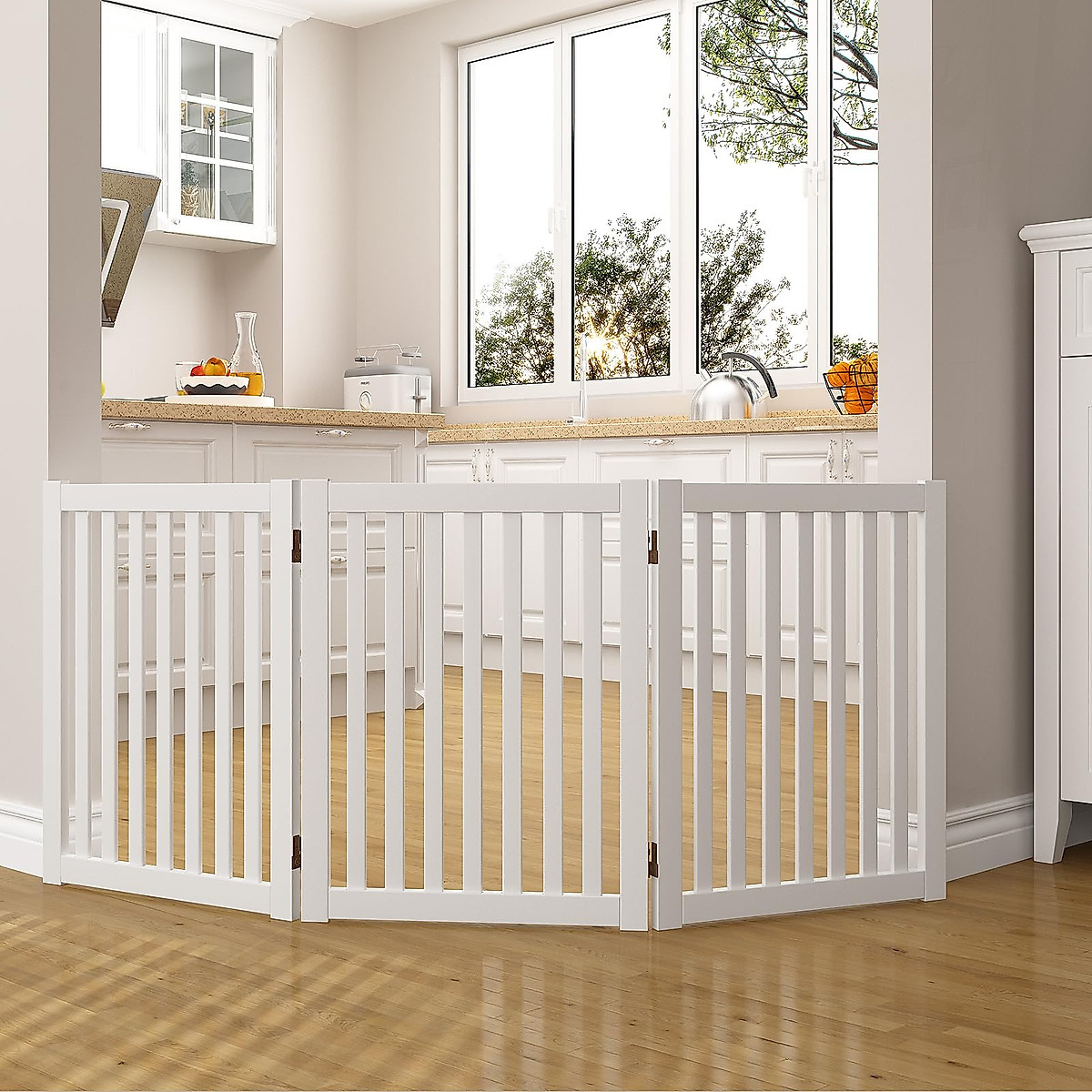 WELLAND Wooden Freestanding Pet Gate, 24 Inch 3 Panel Step Over Fence, Expands Up to 60" Wide, Foldable Indoor Dog Gate Puppy Safety Fence, White