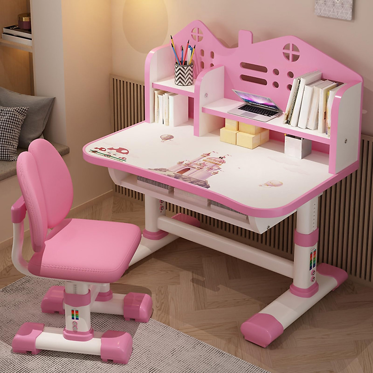 Small Desk, Standing Desk, Desk Chair Set, Widened Desktop Multi Separation Cartoon Pattern Desk Chair Set Kids Adjustable Height Study Table with Drawer Chair Set (Pink)