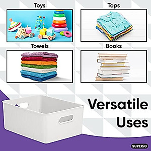 Superio Ribbed Collection - Decorative Plastic Open Home Storage Bins Organizer Baskets, Large White (6 Pack) Container Boxes for Organizing Closet Shelves Drawer Shelf 15 Liter/16 Quart