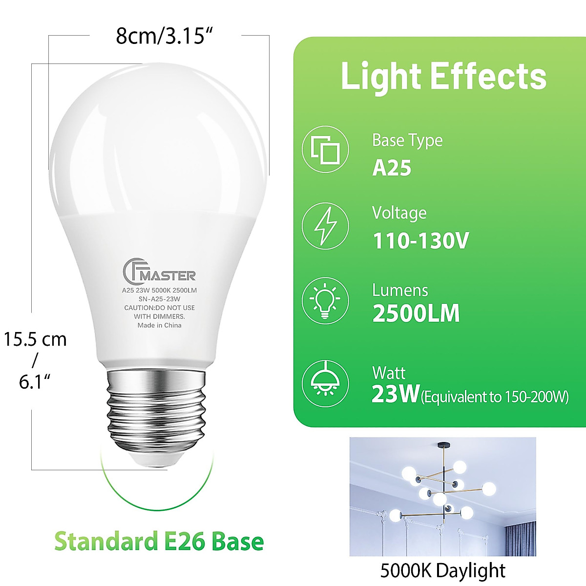 CFMASTER A25 LED Light Bulb, 150-200 watt Equivalent Light Bulbs, 23W 5000K Daylight LED Bulbs, 2500 Lumens, Bright White LED Bulb, E26 Base for Indoor and Outdoor, Energy Efficient ETL Listed, 6-Pack