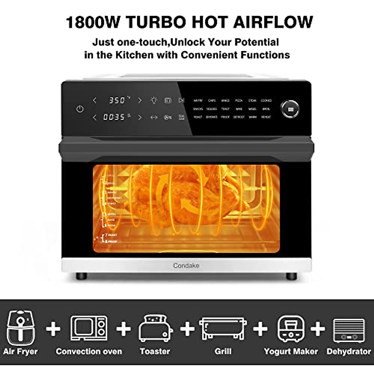 Condake 32QT Large Air Fryer Oven Toaster Oven Combo with Rotisserie 18-in-1 Convection Oven Countertop LED Touch and Knob Design Digital Oven for Bake Broil Pizza Roast Toast Dehydrate,1800W,Stainless Steel,ETL certified