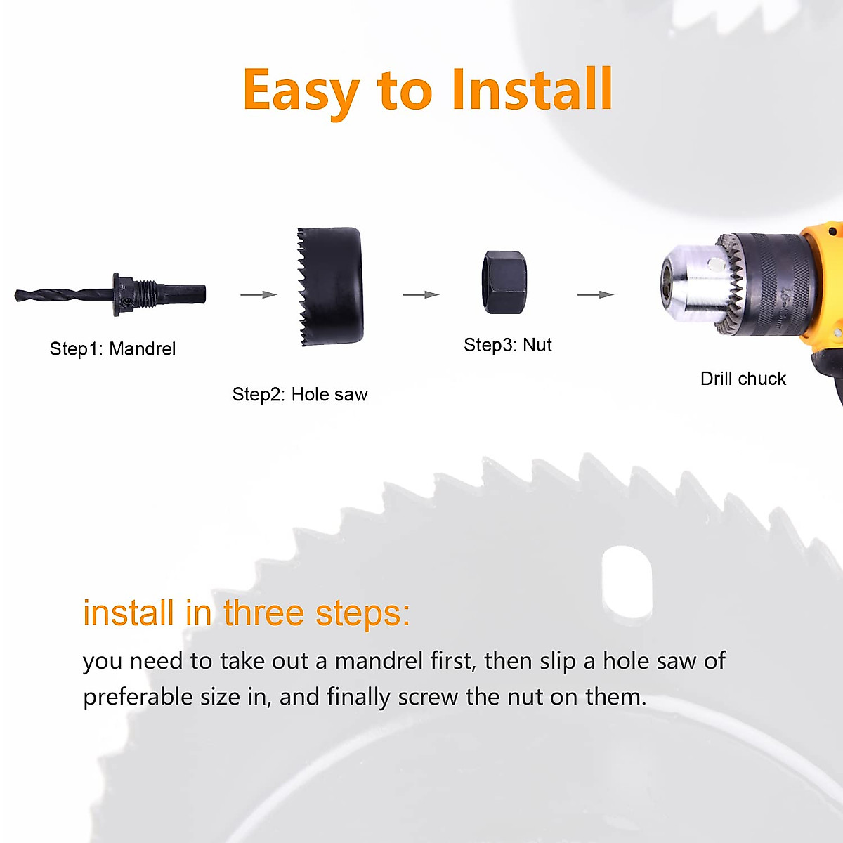Hole Saw Kit, SUNGATOR 5-Piece Hole Saw Set with 4 Pcs Saw Blades in 1-1/4, 1-1/2, 2, 2-1/8 Inch, 1 Mandrel. Carbon Steel Circle Hole Saw Kit, Arbored Hole Cutter for Wood, Plastic, PVC Board, Drywall