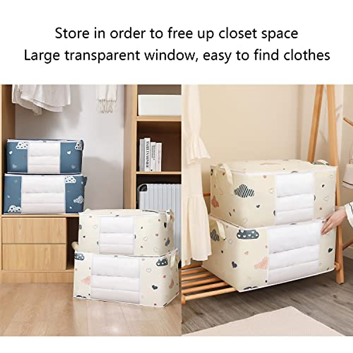 ZOEGA Large Storage Bags, 4-piece Clothes box Foldable Closet Organizer Container with Durable Handle Thick Fabric used for Clothes, Blankets, Comforters, Bed Sheets, Beige cyan, (qianyi-001)