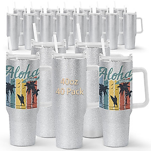 Icesip 40 oz Sublimation Glitter Tumblers 40 Pack with Handle Lid Stainless Steel Insulated Tumblers Blanks Insulated Double Wall Vacuum Reusable Cups for DIY