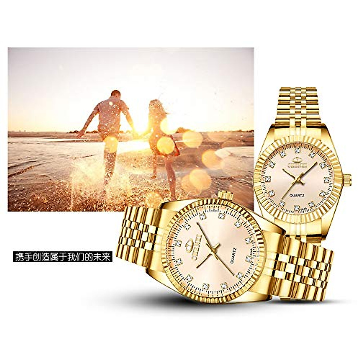 MASTOP Couple Watches Classic Golden Stainless Steel Watch His and Hers Waterproof Quartz Watch (Full Gold)