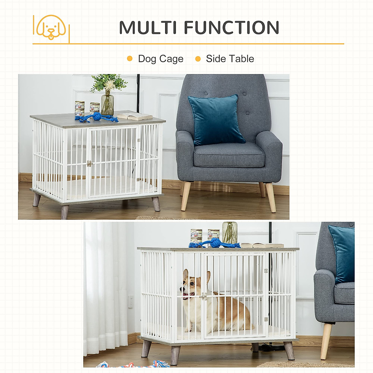 PawHut Dog Crate Furniture, Wooden End Table with Cushion & Lockable Door, Medium Size Pet Crate Indoor Puppy Cage, Grey