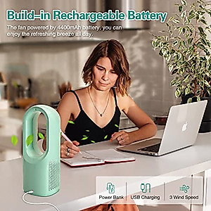 INMORVEN Portable Desk Fan, 11.8inch Battery Operated Bladeless Fan, Small Quiet USB Fan with 3-Speeds, Touch Control, Table Fan for Bedroom Office(Green)