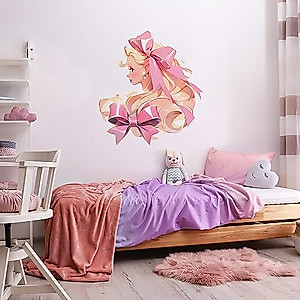 SONGQI Home Living Room Window Wall Bedroom Sticker DIY Decals Beautiful Girl with Pink Bow Doll Pattern Baby Nursery Removable Wall Decor