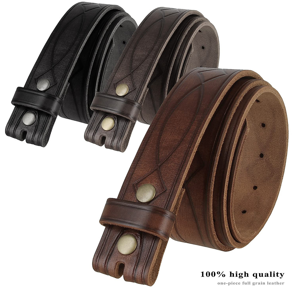 One Piece Genuine Full Grain Leather Hand Tooled Engraved Belt Strap 1-1/2" Wide (Black, 38)