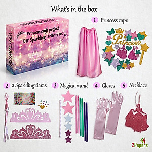 2Pepers Make Your Own Princess Craft Kit, Arts and Crafts for Girls, DIY Princess Dress Up Set, Kids Crafts Project- Cape, Tiara, Wand, Necklace and Gloves, Princess Toys Pretend Play Gifts for Girls