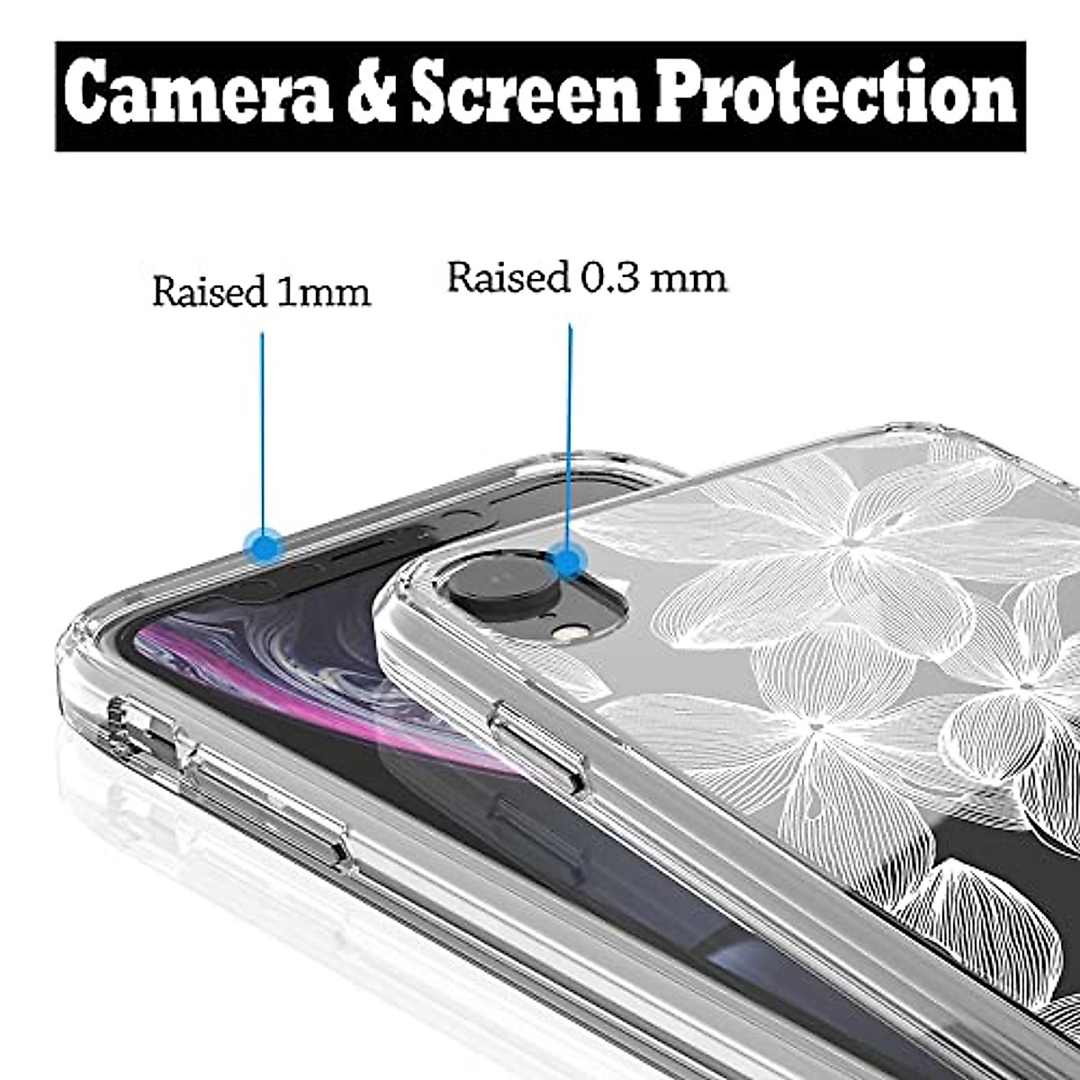 iPhone XR Case, RANZ Anti-Scratch Shockproof Series Clear Hard PC+ TPU Bumper Protective Cover Case for iPhone XR - White Flower