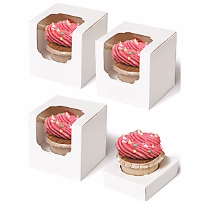 Happyhiram Cupcake Boxes 50 Pcs White Individual Cupcake Box, Single Cupcake Containers Cardboard Holders with Inserts and Window for Muffins Cocoa Bombs Packaging Togo Boxes for Birthdays Showers Party Favors Packing