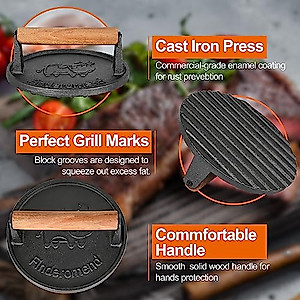 Finderomend Hamburger Press,Cast Iron Grill Press,Heavy Duty Smash Meat,Bacon,Steak & Burger Press with Wooden Handle for Blackstone Pitboss Weber Treager Griddle (Calf-Round 1)