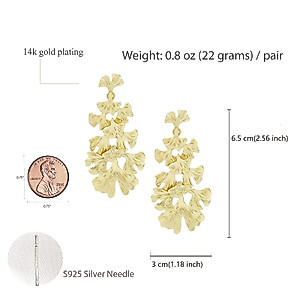 Vintage Earrings for Women Matt Metal Ginkgo Biloba Textured Statement Earring 14K Gold Plated Dangle Earrings with Stud for Women Wedding Valentine's Day Anniversary Birthday Mothers Day Christmas