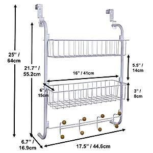 Over Door Organizer Wall Mounted Sturdy 2-tier Bathroom Storage Baskets with 8pcs Towel Wood Hooks Decor Pantry Kitchen Spice Back Hanging Metal Rack Closet Shelving Organizers , 17.5" (W) X 25" (H)