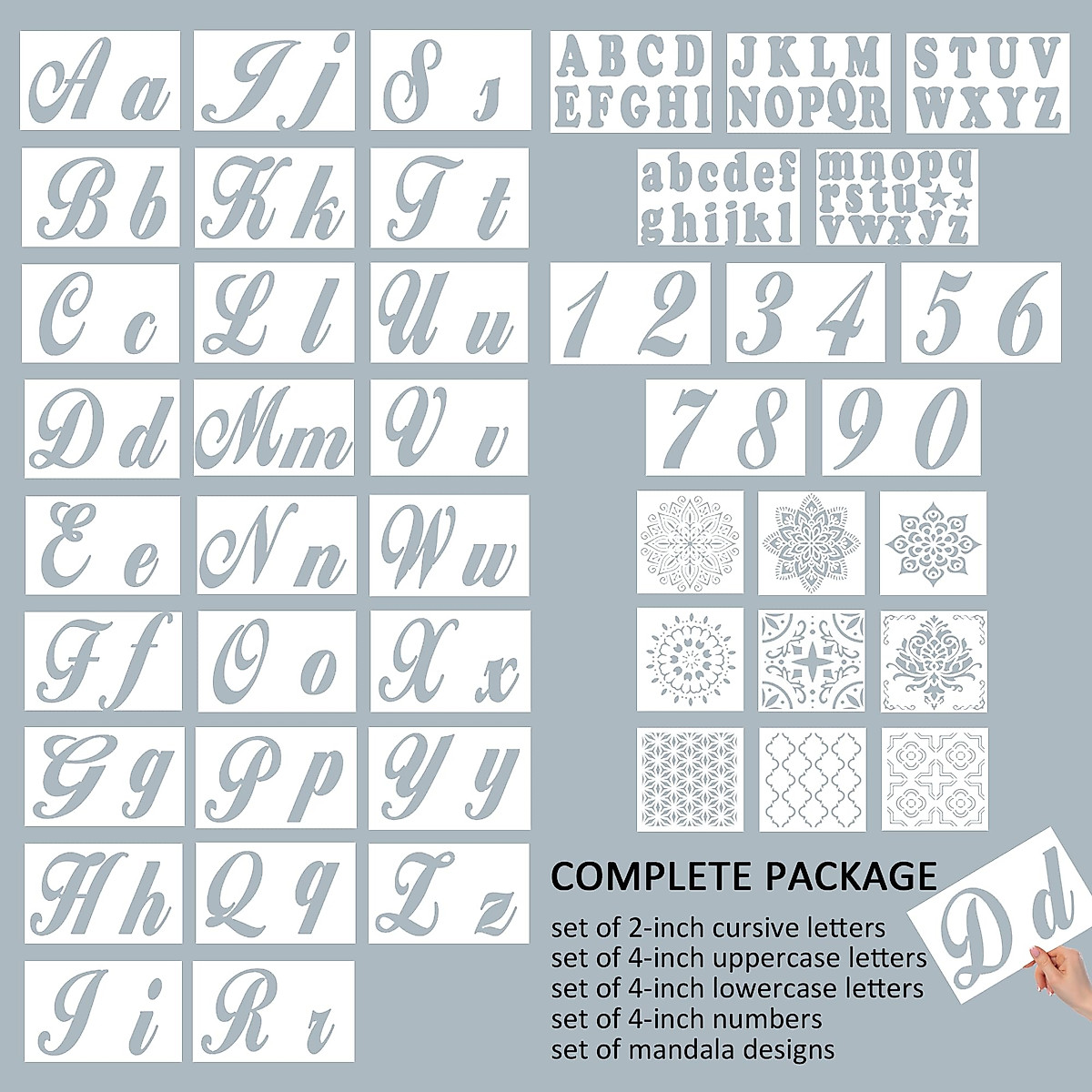 124 Alphabet Numbers & Mandala Stencils Small & Large 2 & 4 Inches Upper Lowercase Arts Crafts Letters Stencil Reusable Template for Calligraphy DIY Painting Wood Wall Fabric Rock Bullet Journal Kit