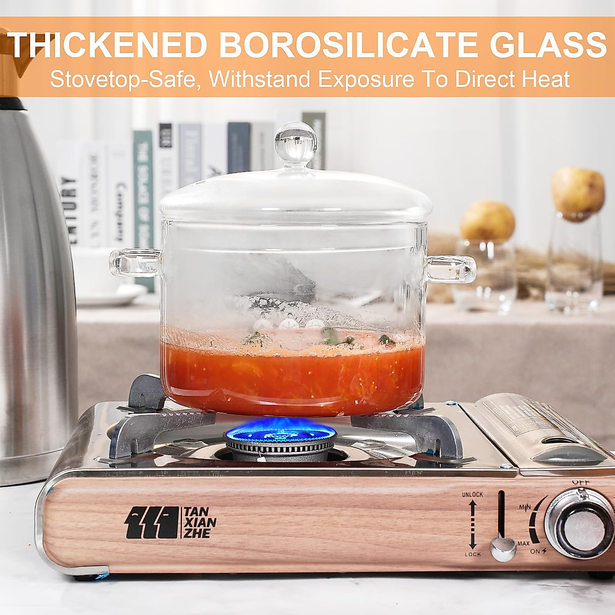 Glass Saucepan With Cover, 2L/70OZ Upgraded Thickened Heat-Resistant Glass Pots For Cooking On Stove, HOIDGUB The Best Handmade Glass Simmer Pot For Glass Safe For Pasta Noodle, Soup, Milk, Baby Food