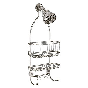 iDesign York Metal Wire Hanging Shower Caddy, Extra Wide Space for Shampoo, Conditioner, and Soap with Hooks for Razors, Towels, and More, 10" x 4" x 22", Satin Silver