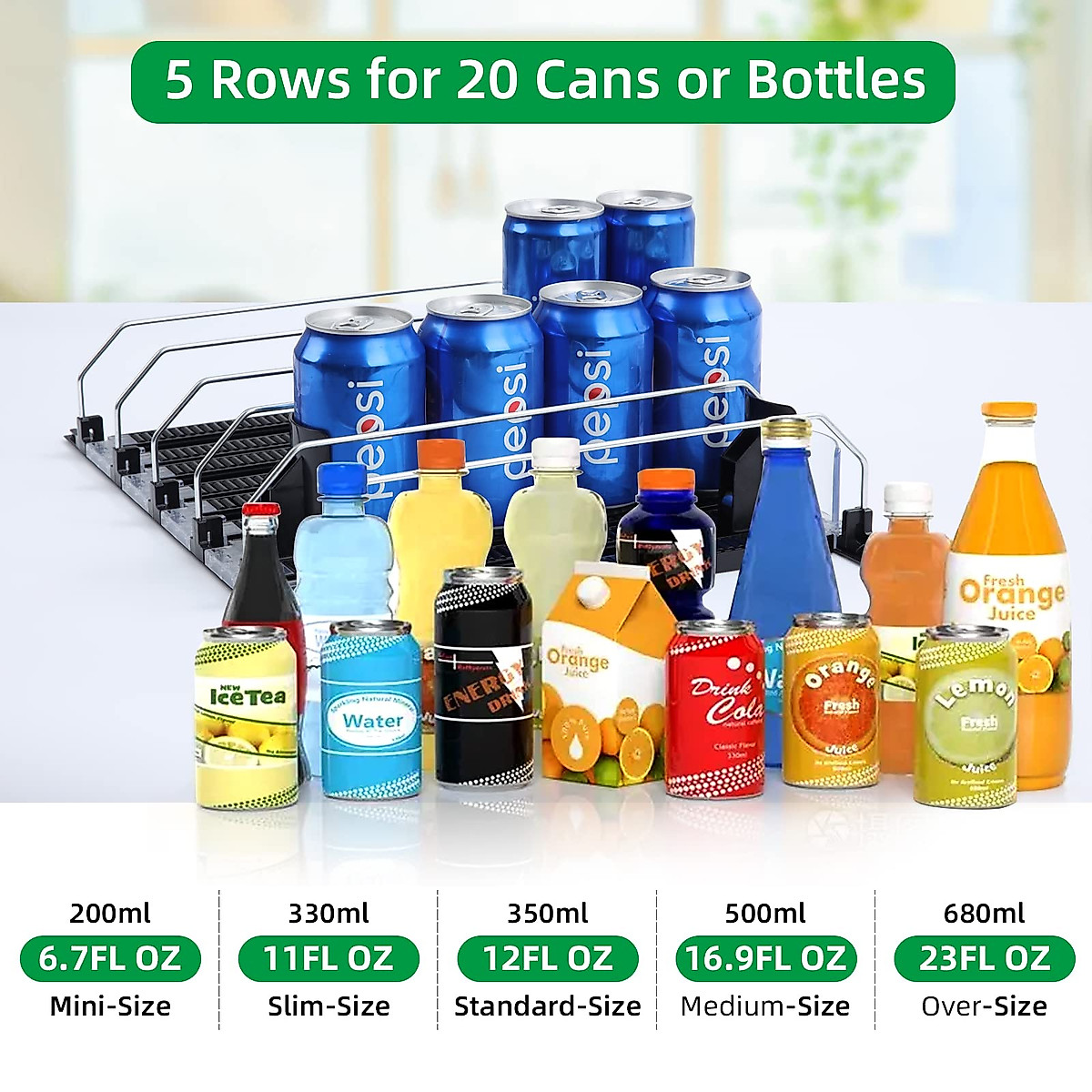 Soda Can Organizer for Refrigerator, YISUN Self-Pushing Drink Organizer for Fridge, Width Adjustable Beverage Dispenser, Beer Pop Water Bottle Storage for Kitchen Pantry (12.2inch, 5 Rows)